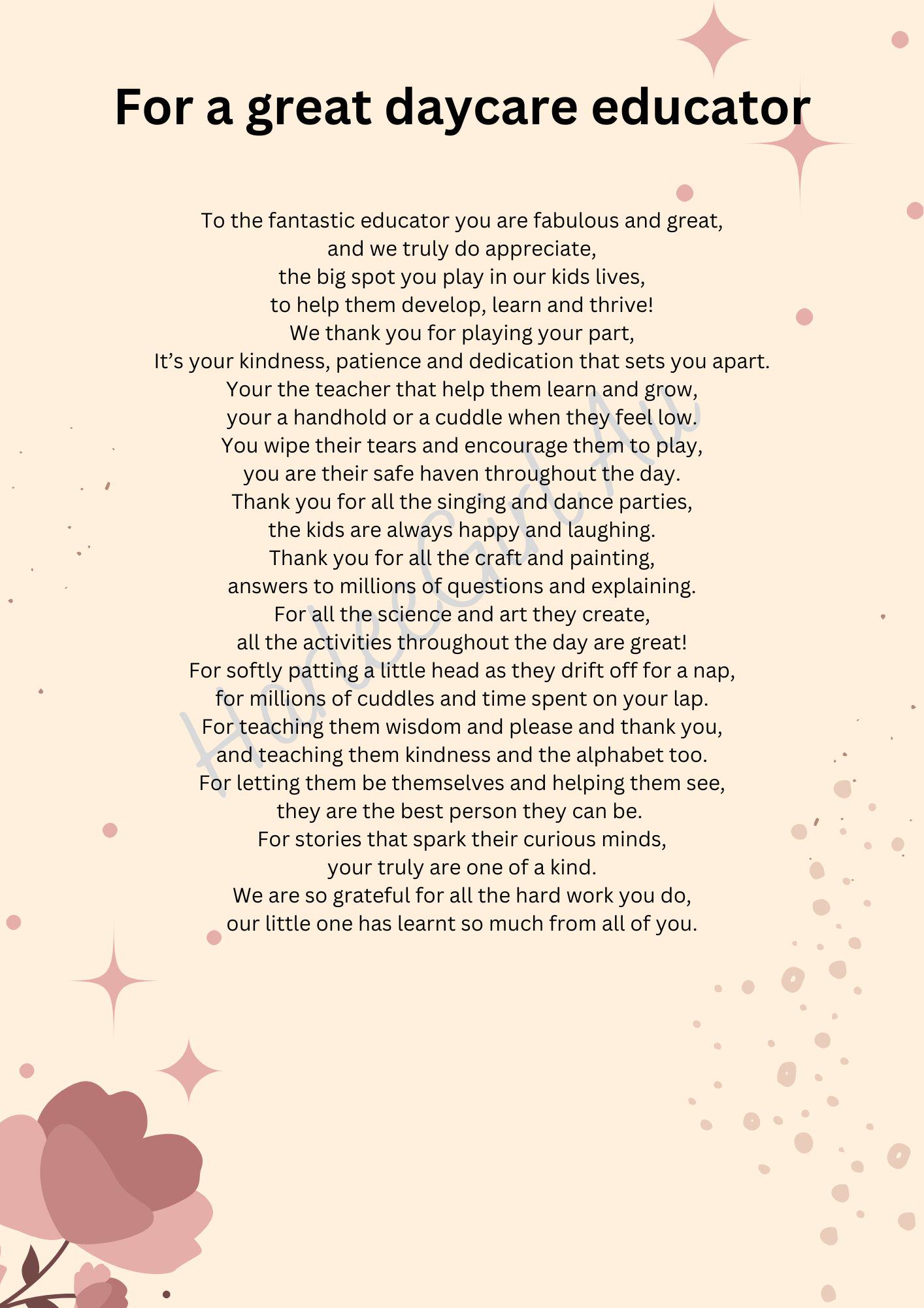 Daycare Teacher Gift, Poem for Daycare Team, Gift for Daycare Teacher ...
