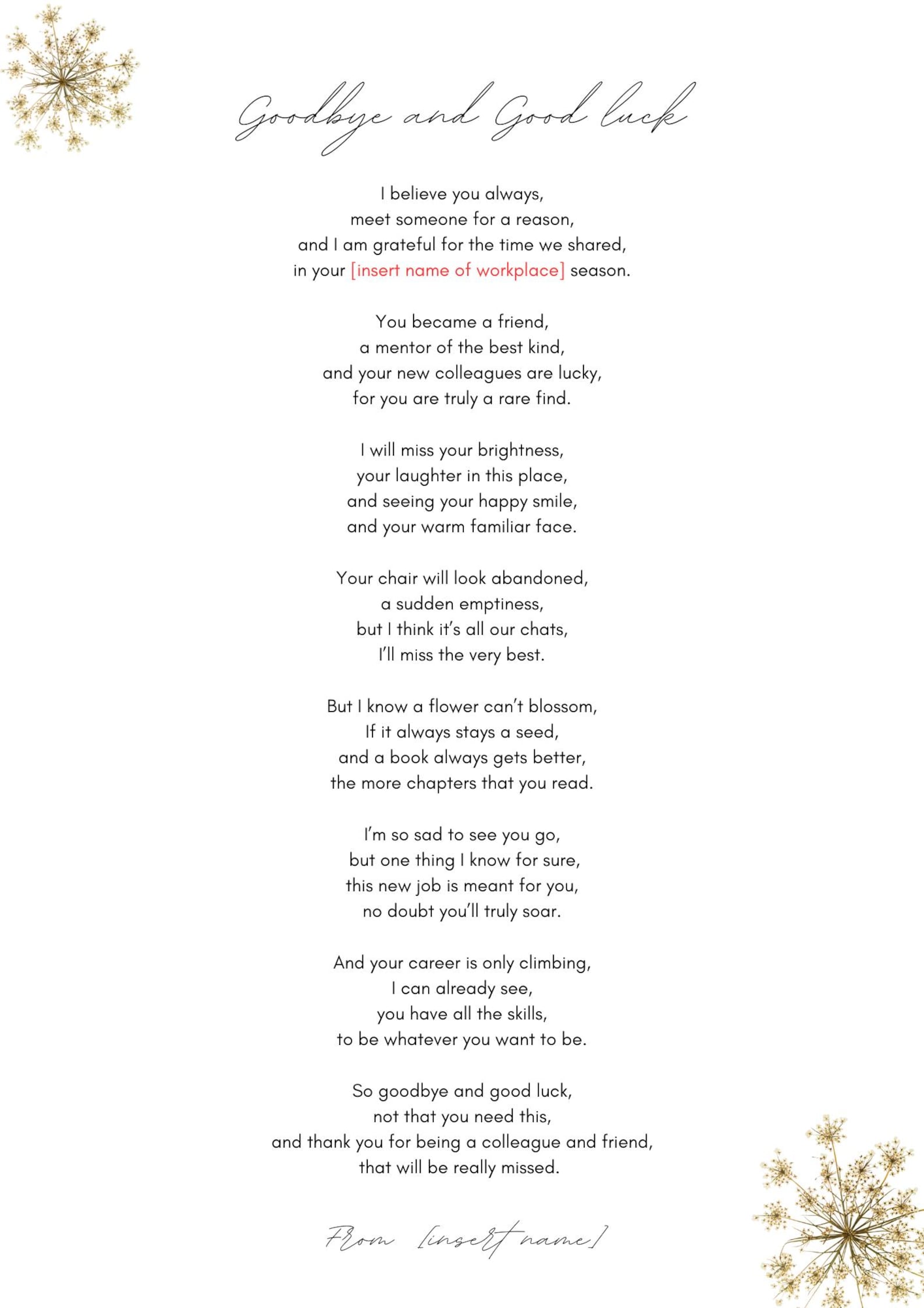 Goodbye and Goodluck Poem,colleague, Editable Template, Canvas Template ...