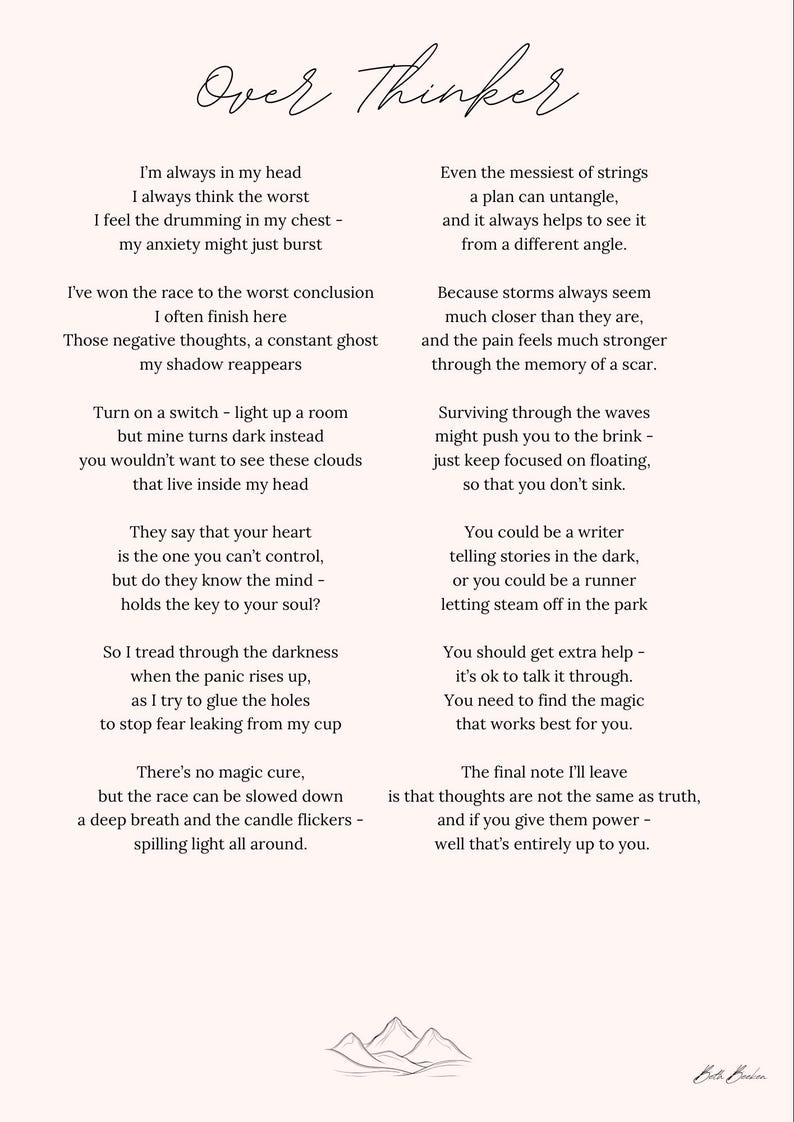 Overthinker Poem Printable - Mental Health Poem for Anxiety -digital ...