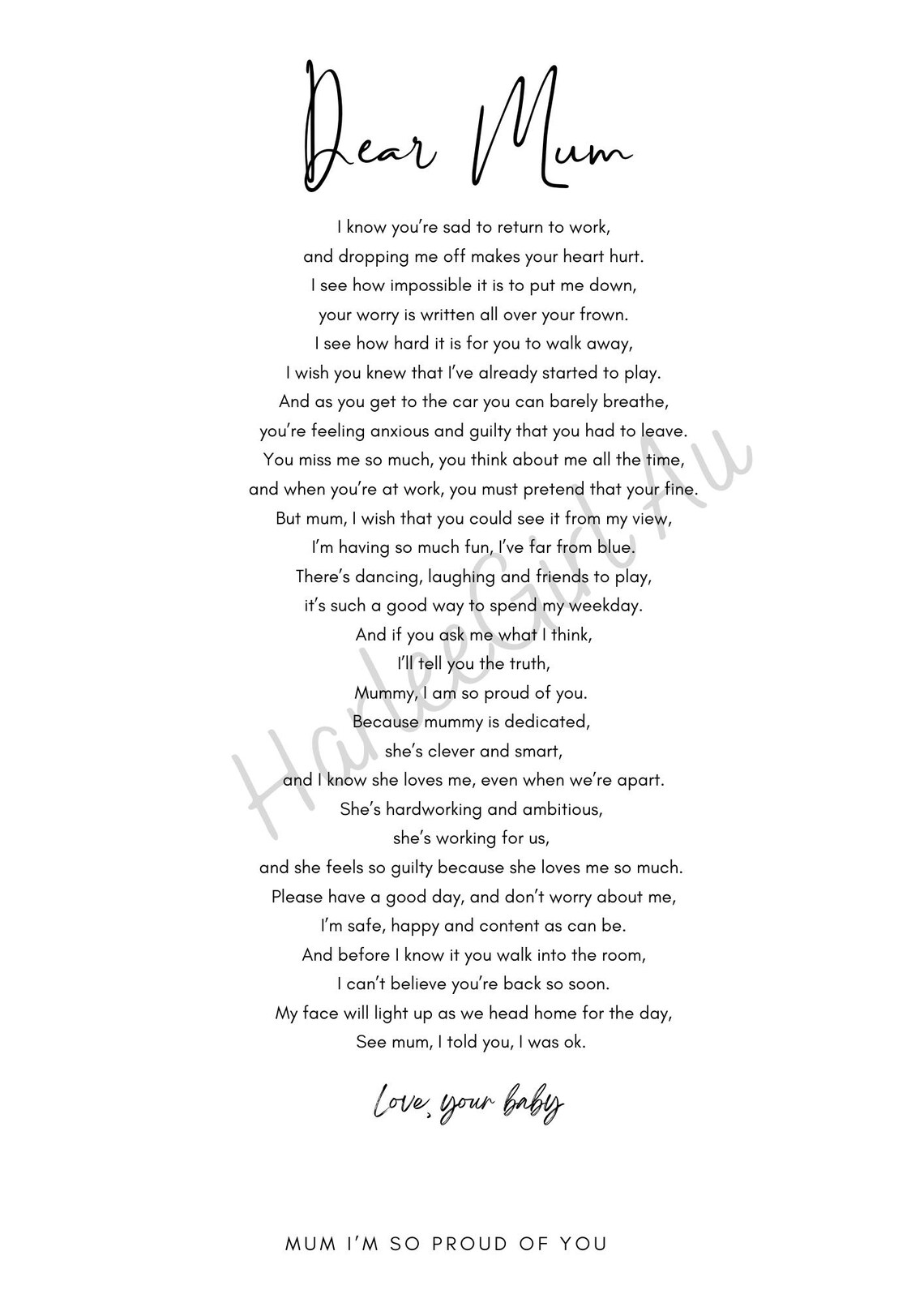 Poem for Mum Returning to Work Poem of Support and Encouragement, Gift ...