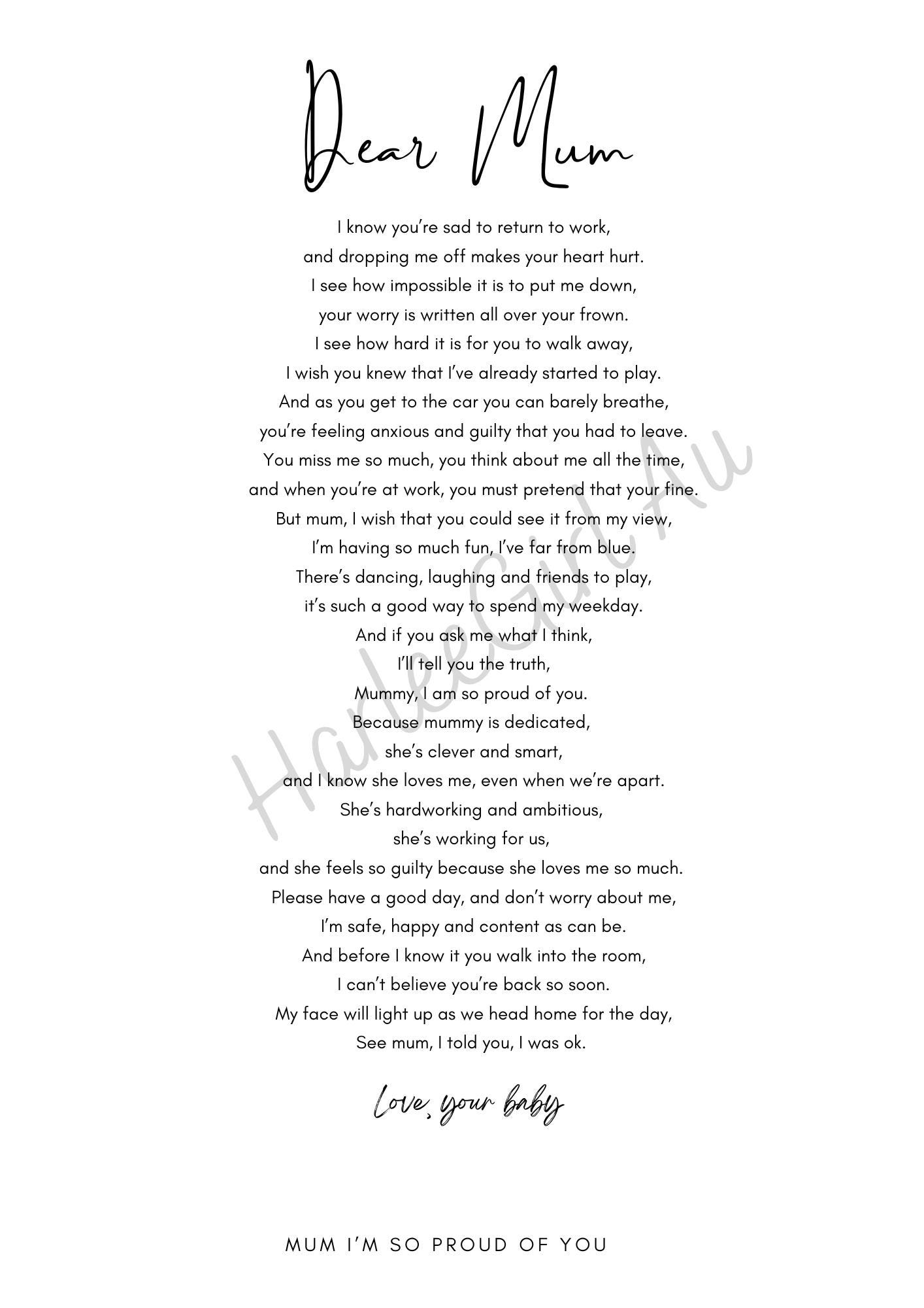 Poem for Mum Returning to Work Poem of Support and Encouragement, Gift ...