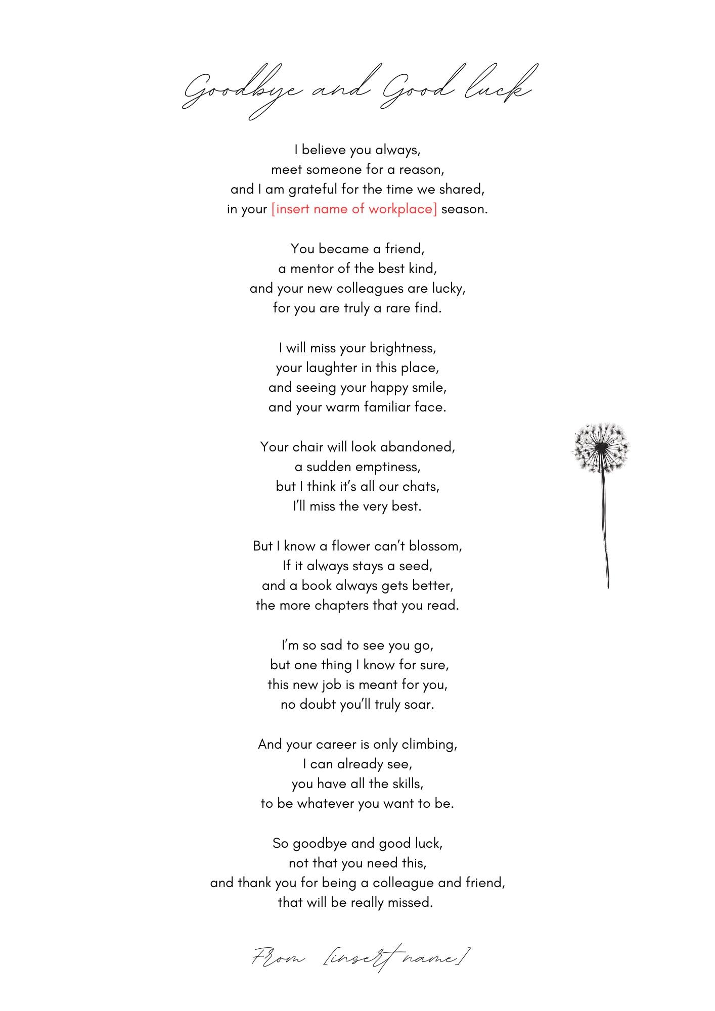 Goodbye and Goodluck Poem,colleague, Editable Template, Canvas Template ...