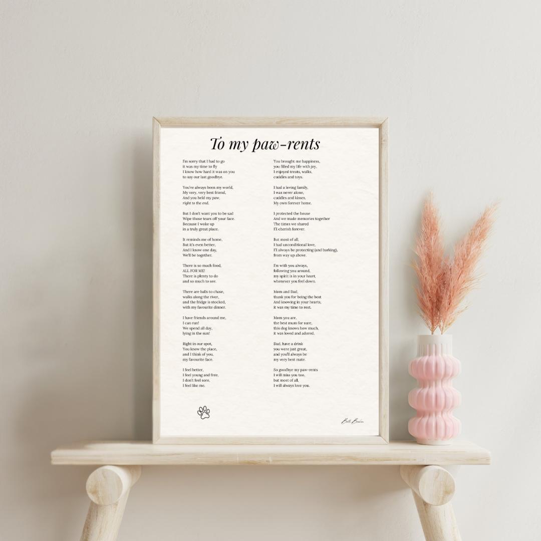 Dog Memorial Poem – “to My Paw-rents” | Loss of Dog Gift | Rainbow ...