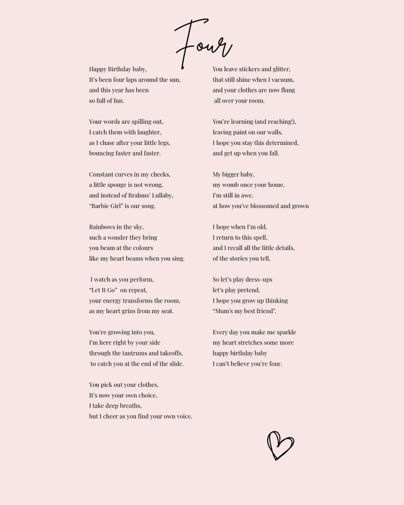 Happy Fourth Birthday Poem| 4th Birthday Gift| Poem for Memory Box ...