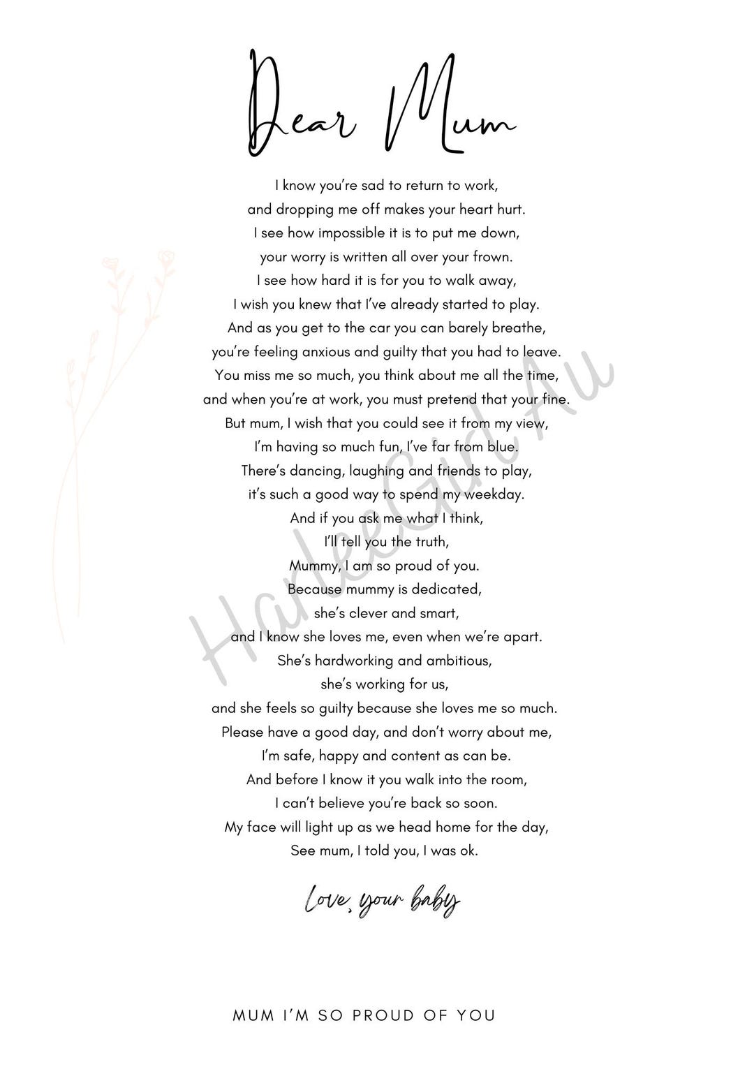 Poem for Mum Returning to Work Poem of Support and Encouragement, Gift ...
