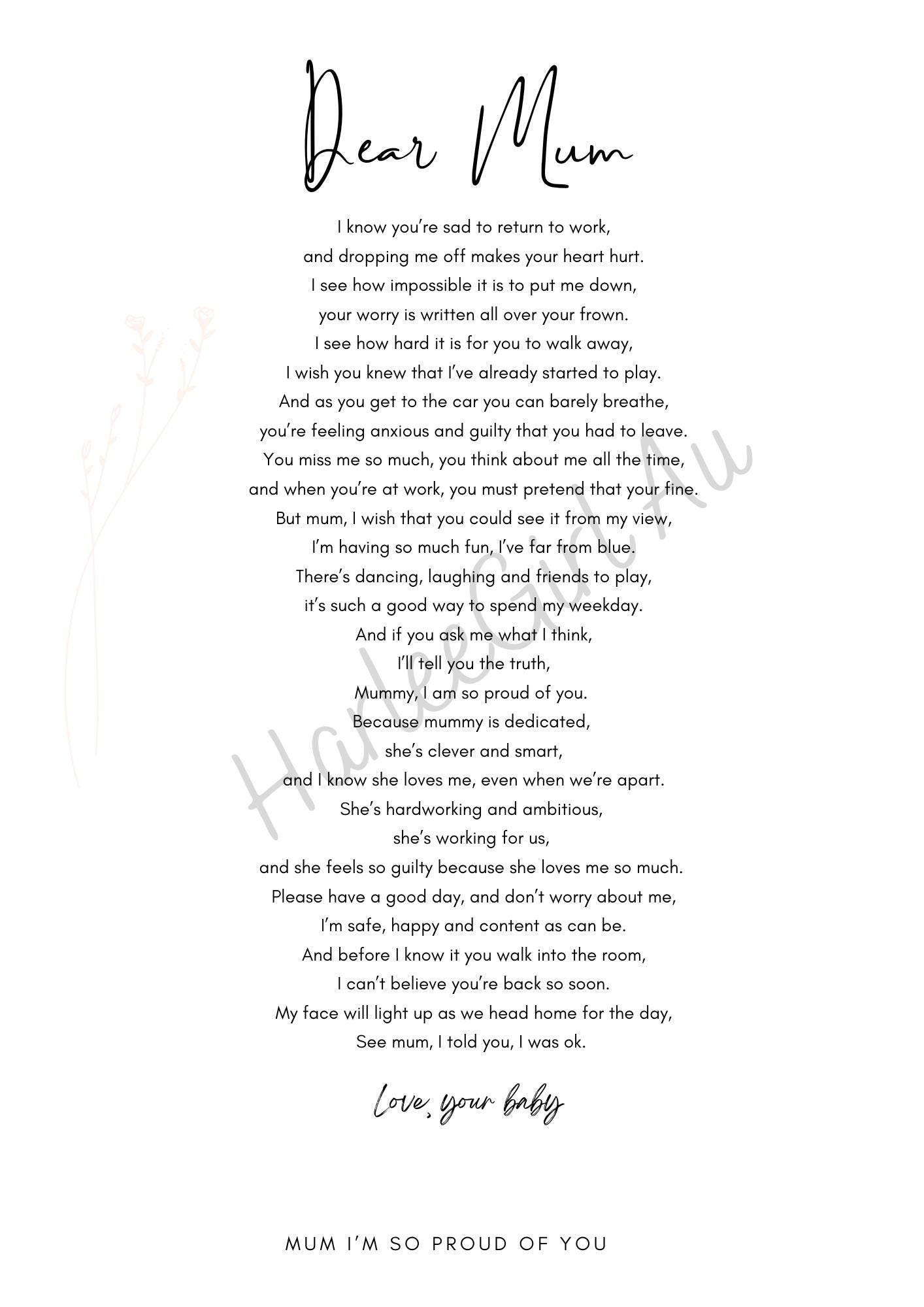 Poem for Mum Returning to Work Poem of Support and Encouragement, Gift ...