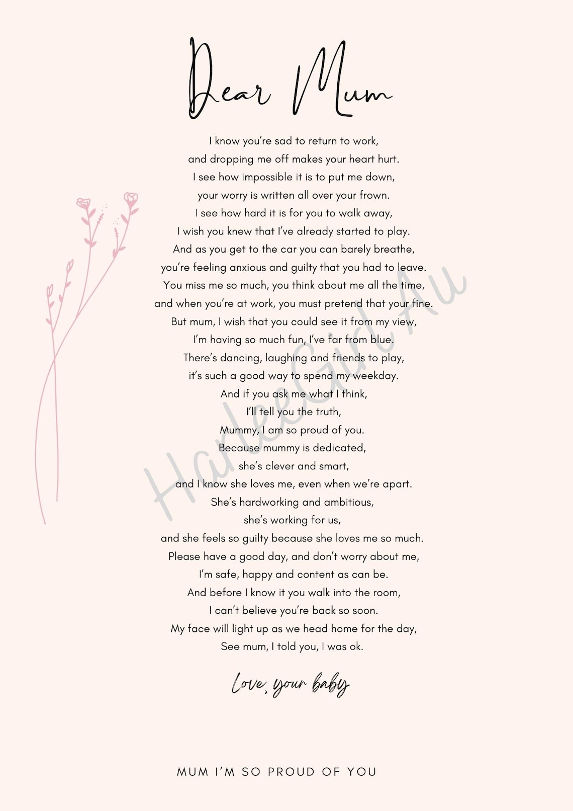 Poem for Mum Returning to Work Poem of Support and Encouragement, Gift ...