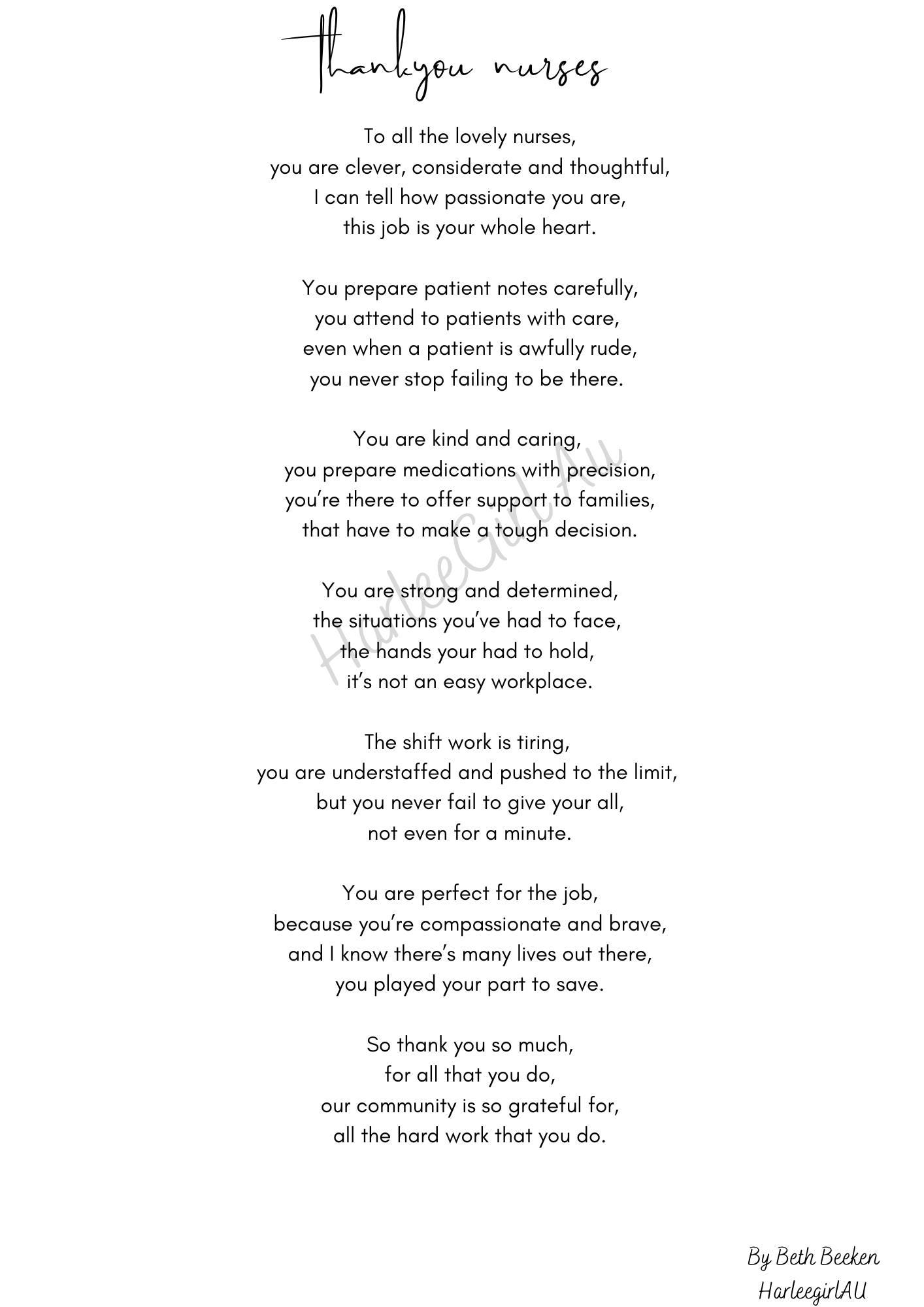 Thank You Nurses, Nurse Appreciation Poem, Thank You Nurse, Gift for ...