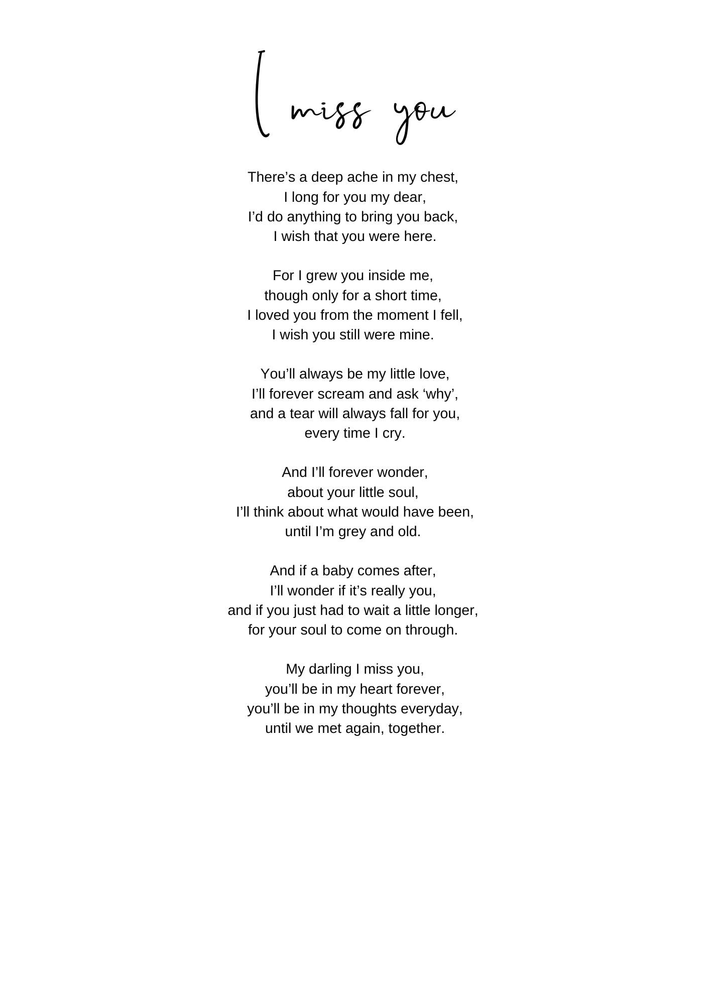 I Miss You, Miscarriage Poem, Miscarriage Remembrance, Miscarriage ...