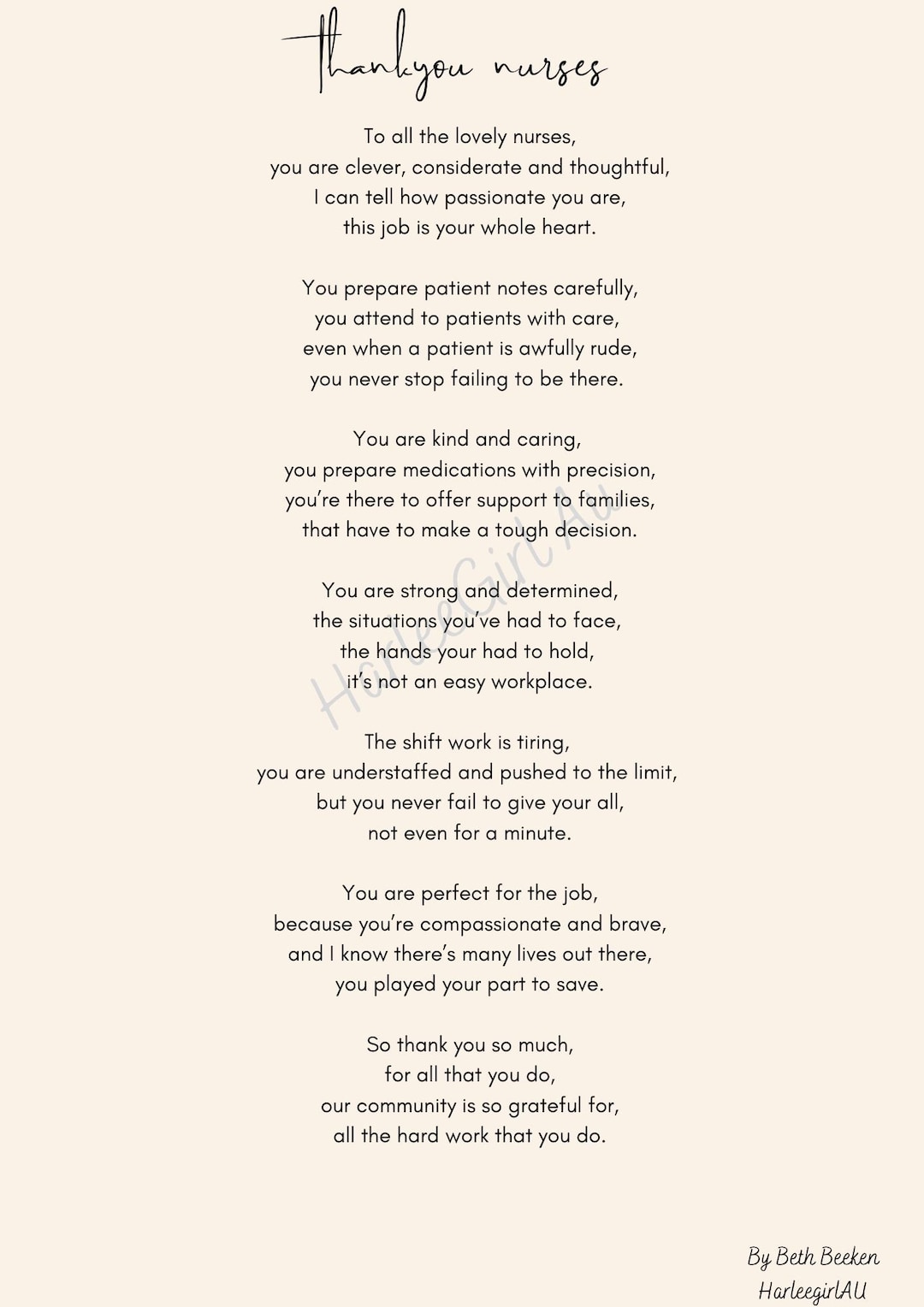 Thank You Nurses, Nurse Appreciation Poem, Thank You Nurse, Gift for ...