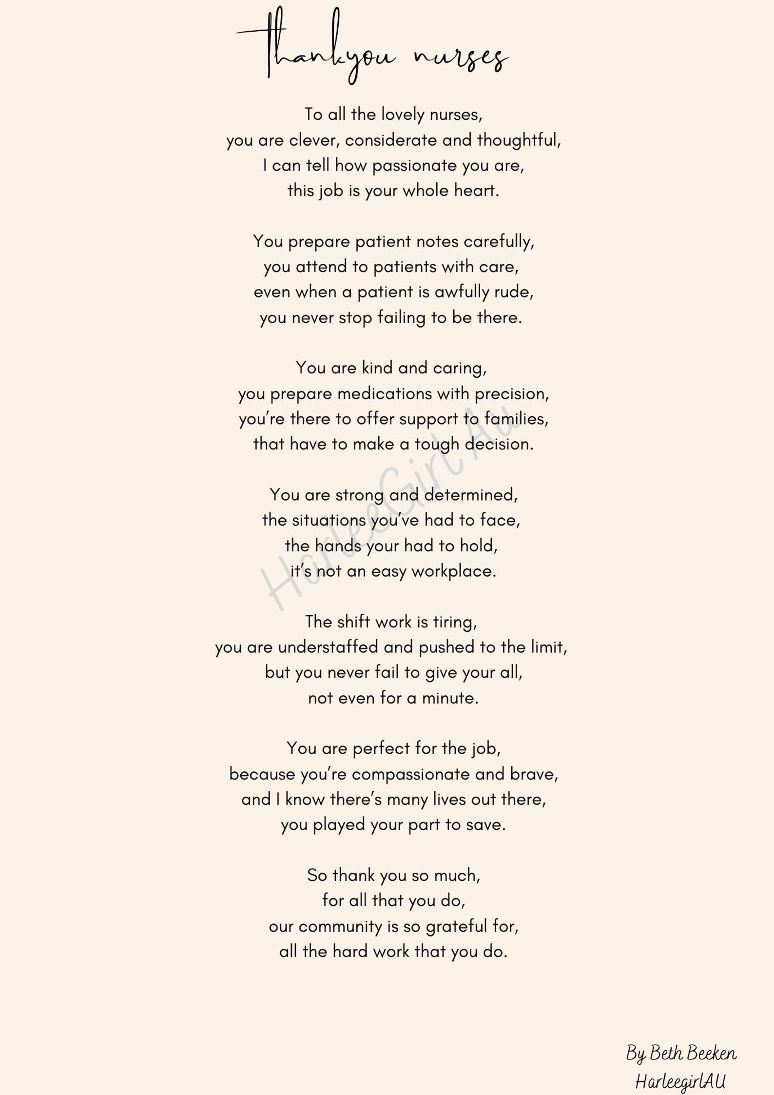 Thank You Nurses, Nurse Appreciation Poem, Thank You Nurse, Gift for ...