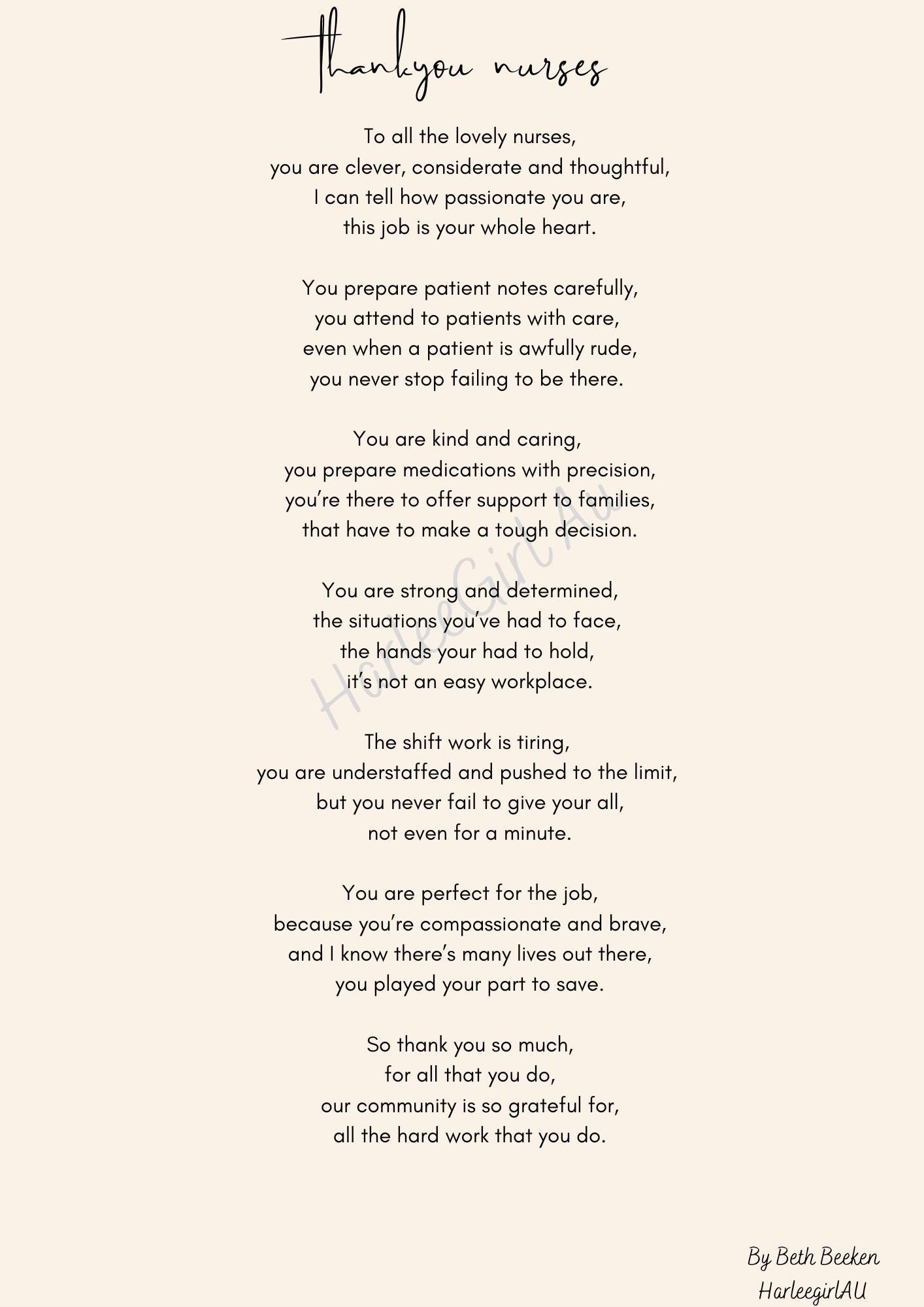 Thank You Nurses, Nurse Appreciation Poem, Thank You Nurse, Gift for ...