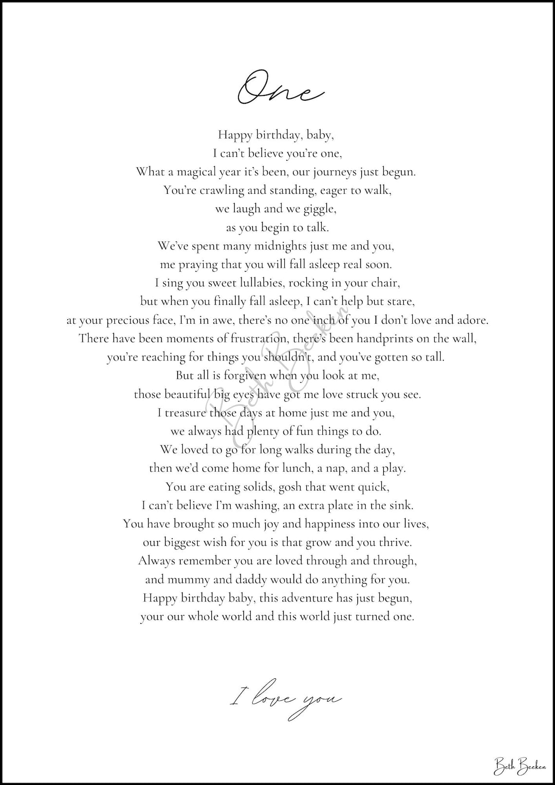 Happy First Birthday Poem for Baby Turning One Poem Birthday Gift First ...