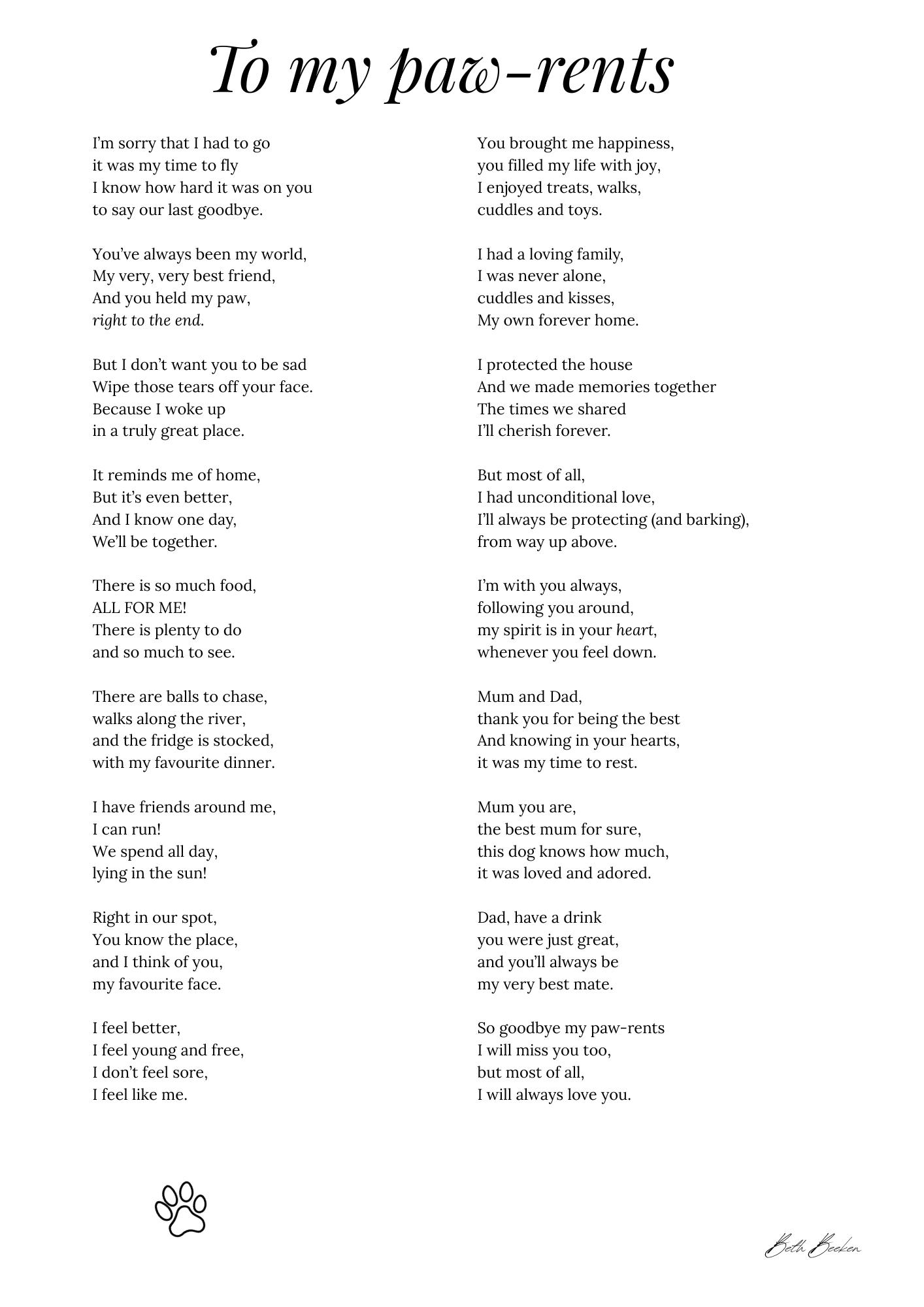 Dog Memorial Poem – “to My Paw-rents” | Loss of Dog Gift | Rainbow ...