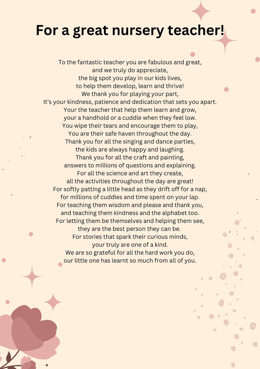 Nursery Teacher Appreciation Poem, DIGITAL DOWNLOAD, Poem for Nursery ...