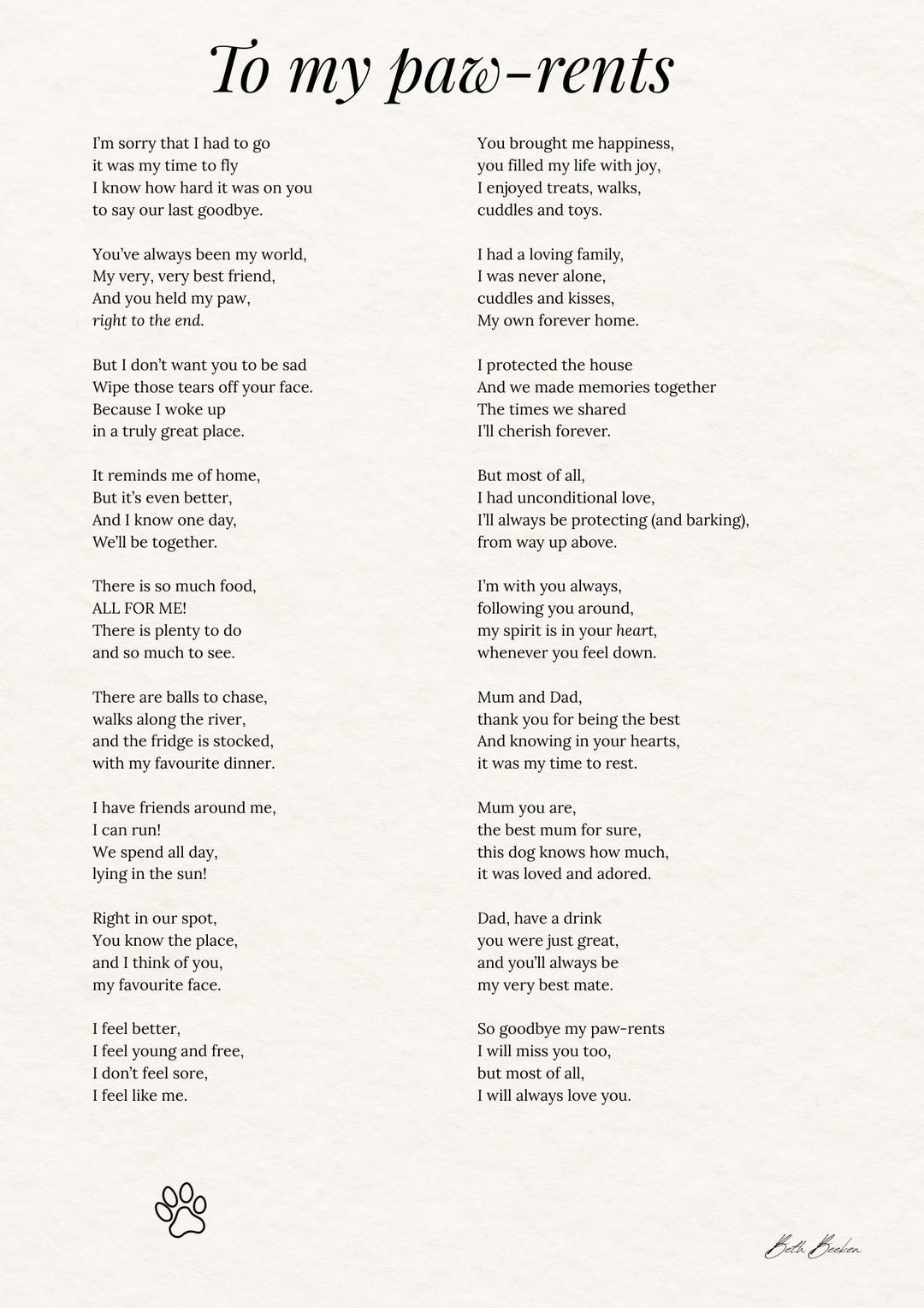 Dog Memorial Poem – “to My Paw-rents” | Loss of Dog Gift | Rainbow ...