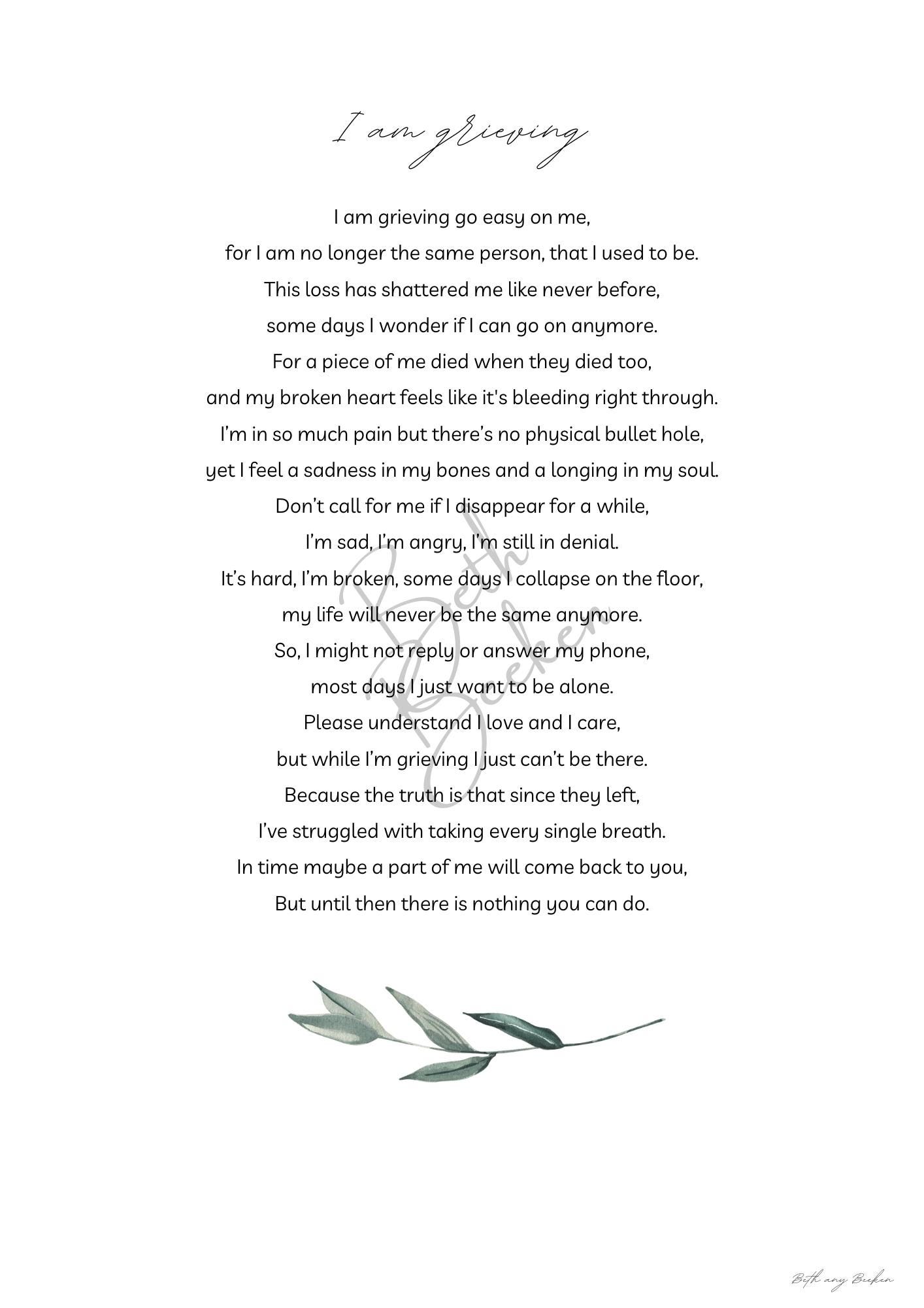 I Am Grieving - Sympathy Poem Printable for Loss, Comfort & Healing - Etsy