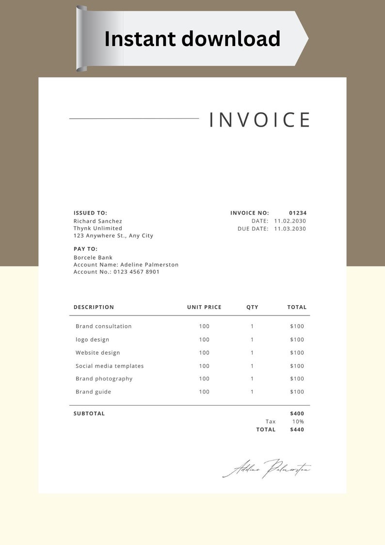 Invoice Downloadable Template for Small Businesses Freelancers Editable ...