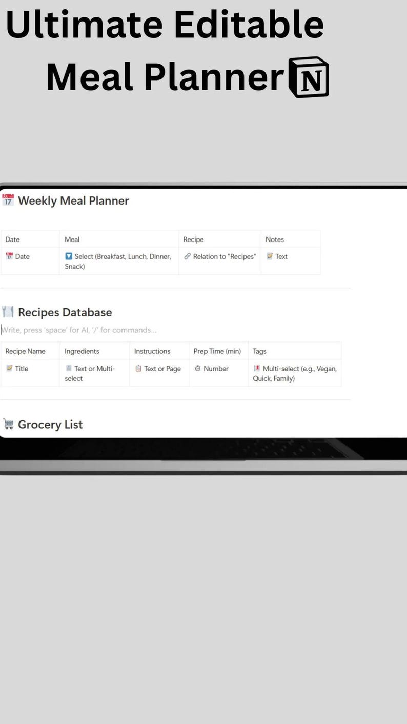 Editable Notion Meal Planner Template Weekly Meal Plan Recipe Organizer ...