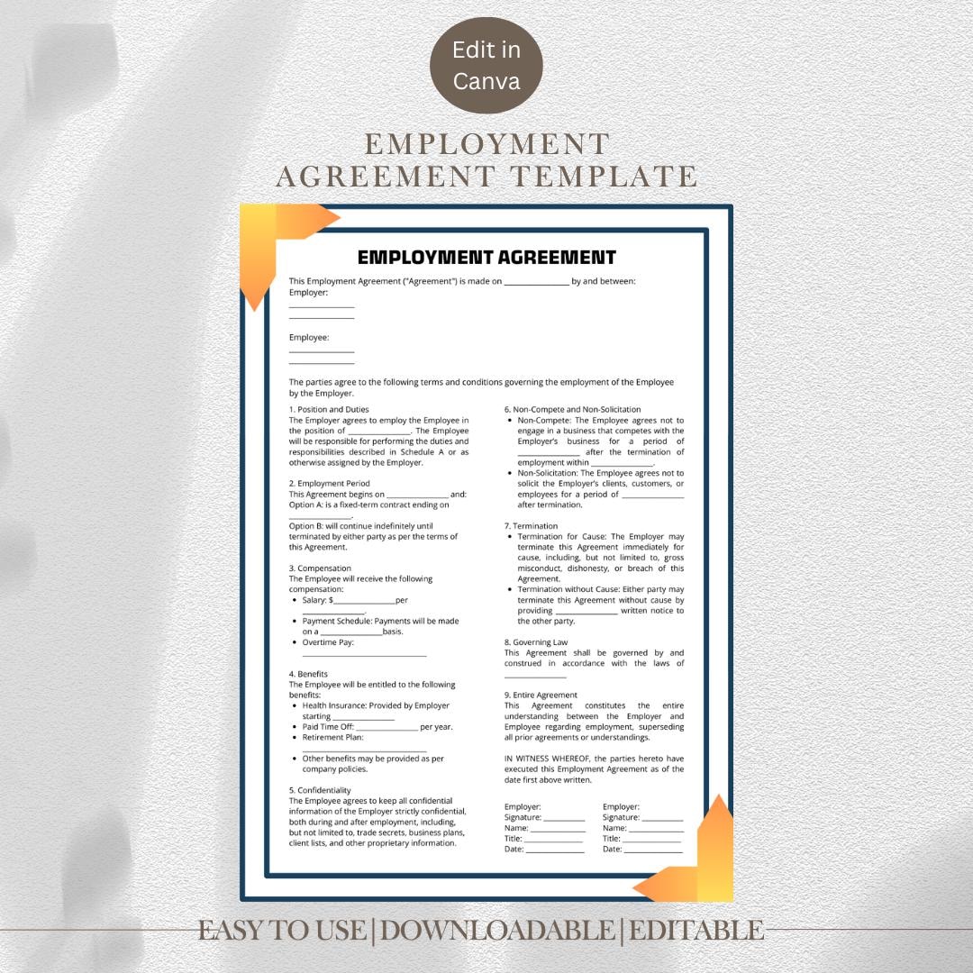 Employment Agreement Contract Template Employee Contract Form Editable ...