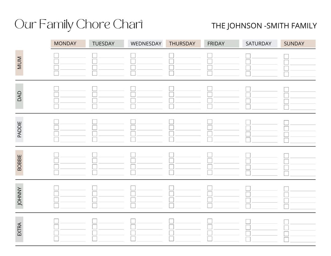 Family Chore Chart, Chore Chart Family, Family Weekly Chore Chart ...