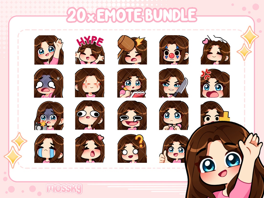 Twitch Emote Pack 20pcs Girl Emotes pale Skin, Brown Hair, Blue Eyes - Etsy