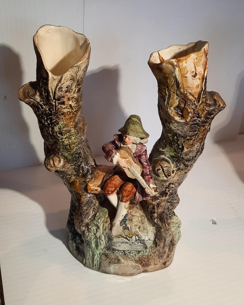 Pair of Antique Majolica Art Pottery Spill Vases Couple Playing Musical ...