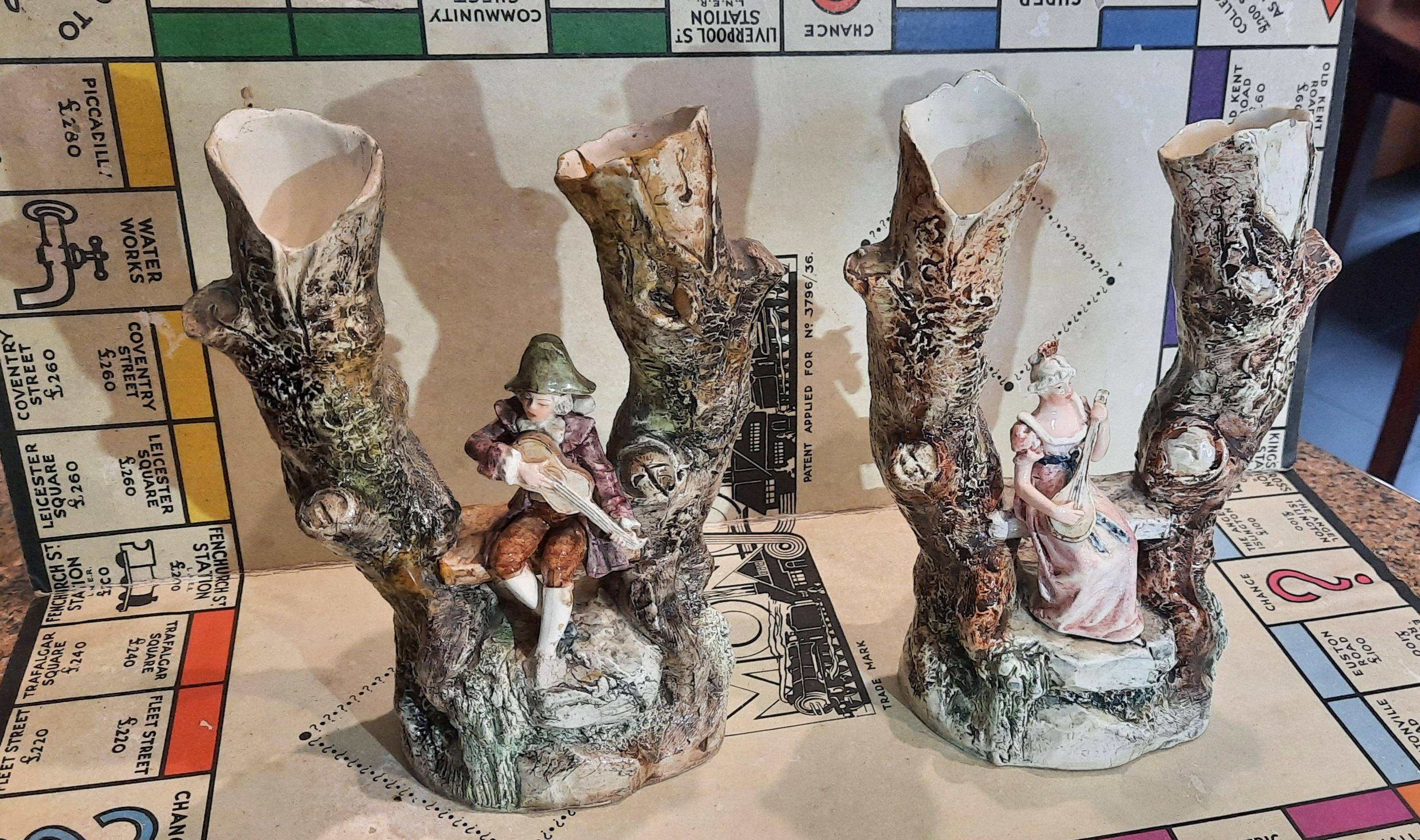 Pair of Antique Majolica Art Pottery Spill Vases Couple Playing Musical ...