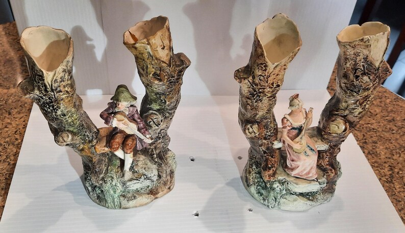 Pair of Antique Majolica Art Pottery Spill Vases Couple Playing Musical ...