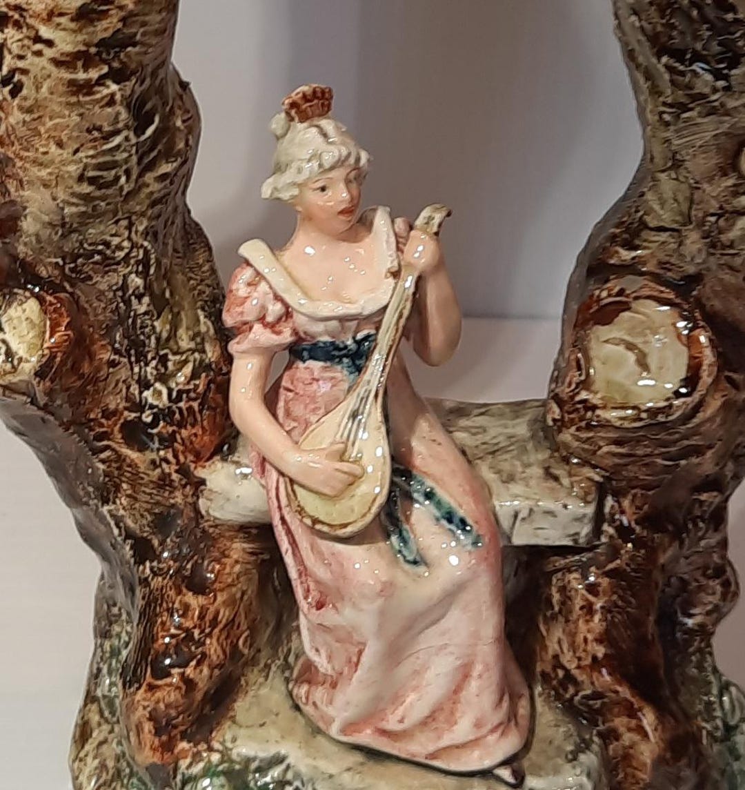 Pair of Antique Majolica Art Pottery Spill Vases Couple Playing Musical ...