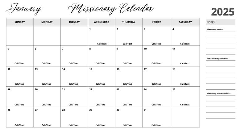 LDS Missionary Meal Calendar 2025 Printable - Etsy