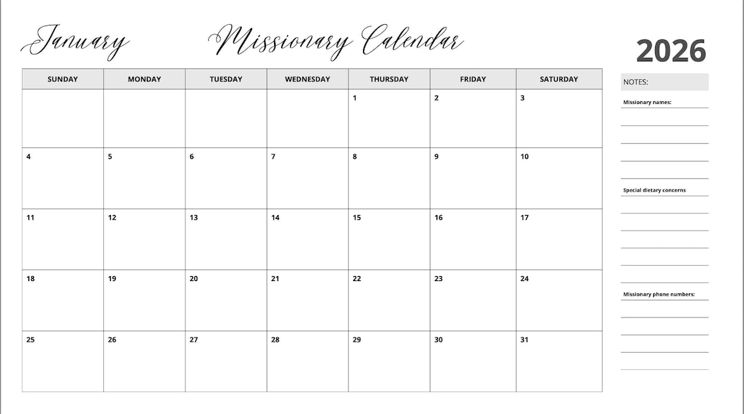 LDS Missionary Meal Calendar 2026 Printable - Etsy