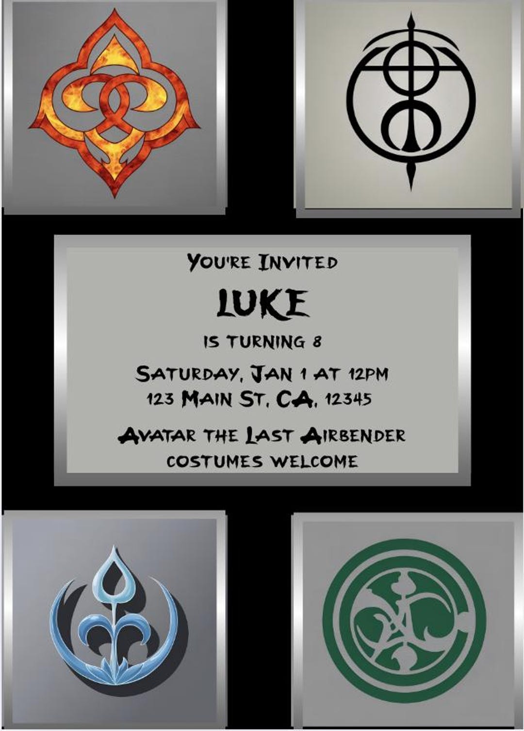 Avatar the Last Airbender Black & Silver Birthday Invitation Editable ...