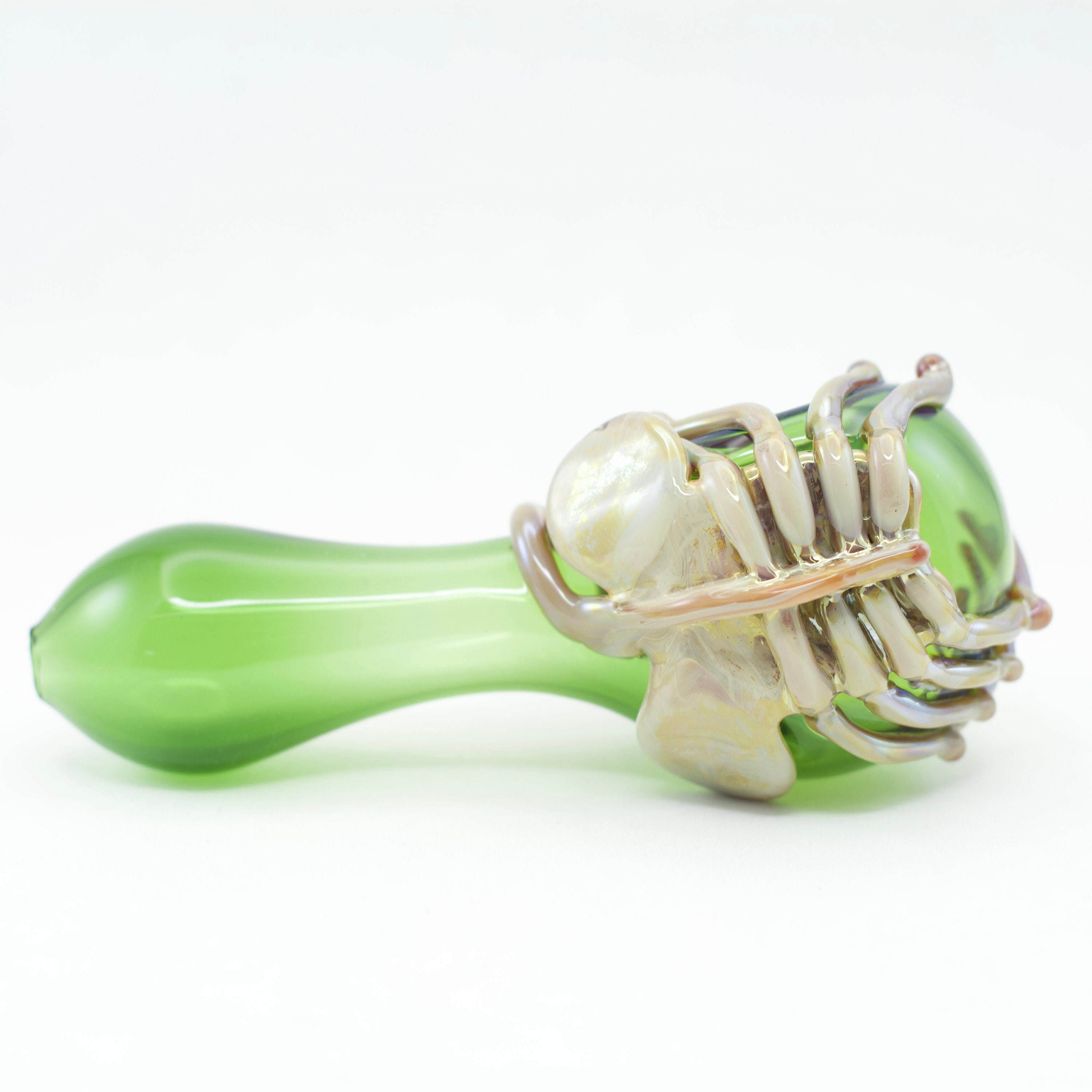 Facehugger Large Glass Spoon Pipe in Emerald Green & Caramel, #824