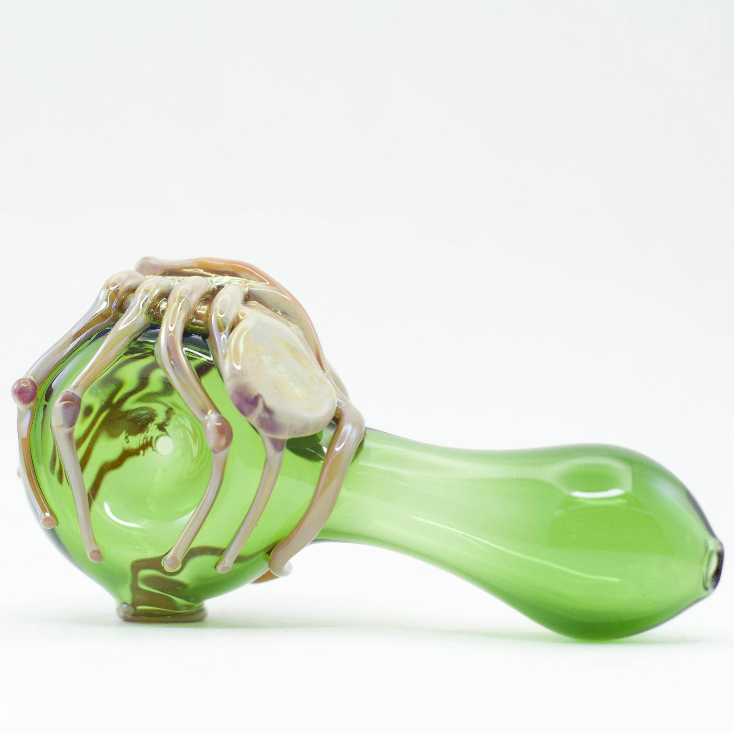 Facehugger Large Glass Spoon Pipe in Emerald Green & Caramel, #824