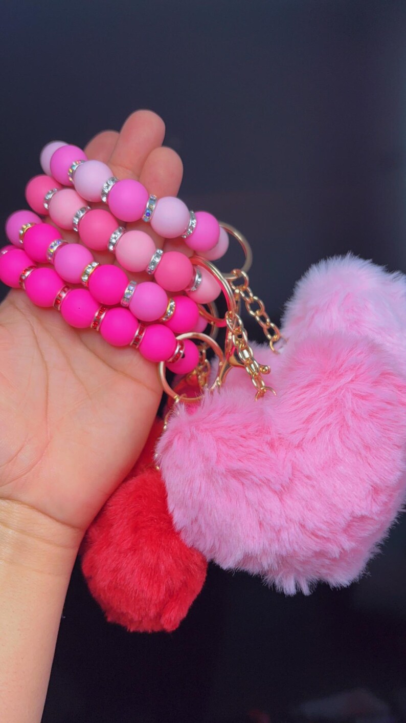 Pretty in Pink Keychain Bracelet | Heart Pom-pom Charm - Etsy