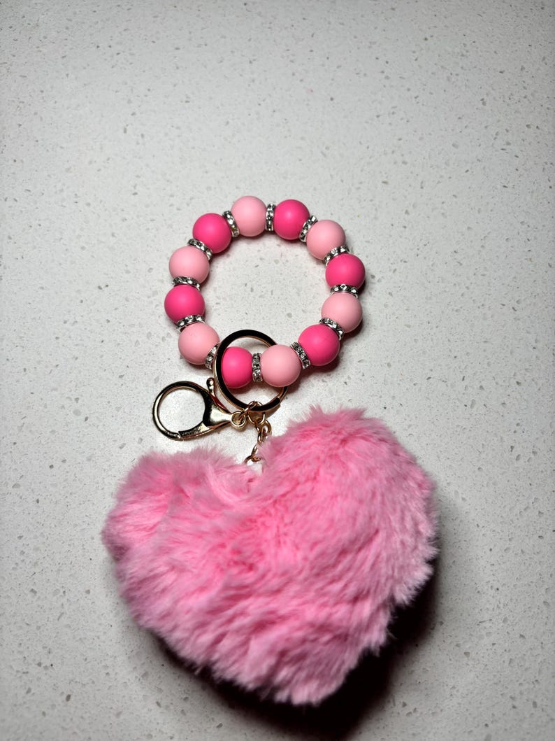 Pretty in Pink Keychain Bracelet | Heart Pom-pom Charm - Etsy