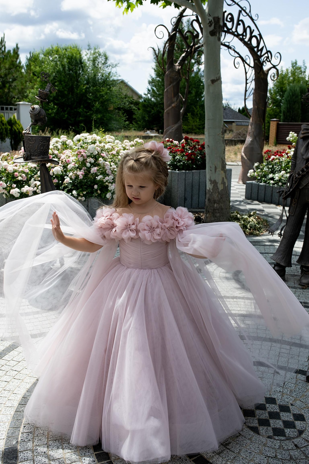 Flower Baby Girl Dress Long Tulle, Dusty Rose Baby Dress, Birthday ...