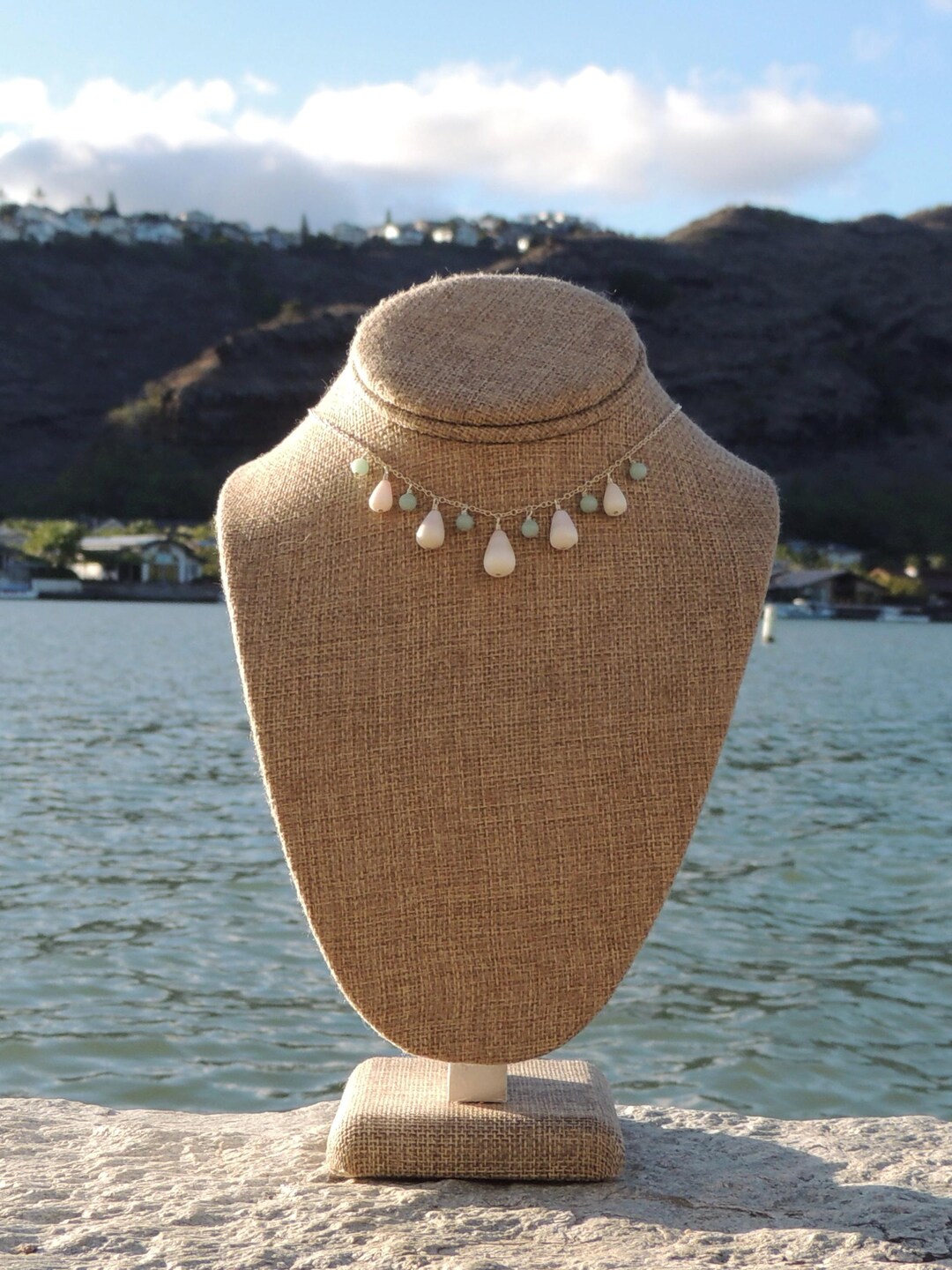 Hawaiian Cone Shell Choker Necklace, Sterling Silver, Teal Beads, Mini ...