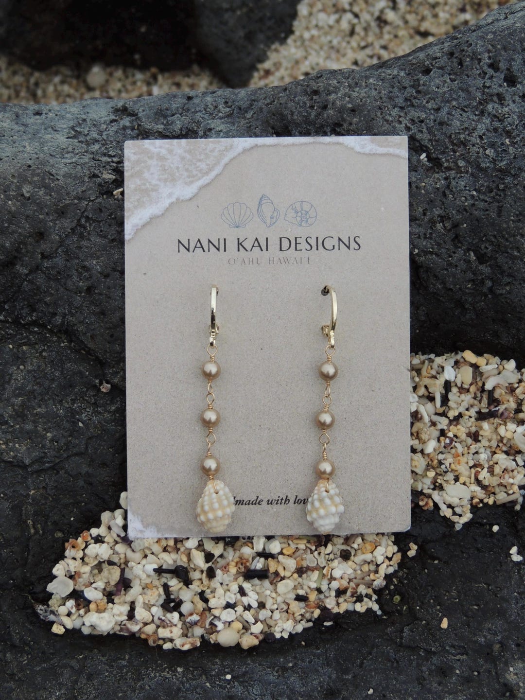 Hawaiian Lattice Miter Shell Huggies, Gold Shell Pearl Beads, Beach ...