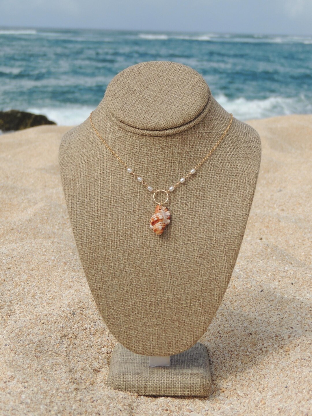 Hawaiian Triton Shell Necklace, 14kt Gold Filled, White Pearls, Unique ...