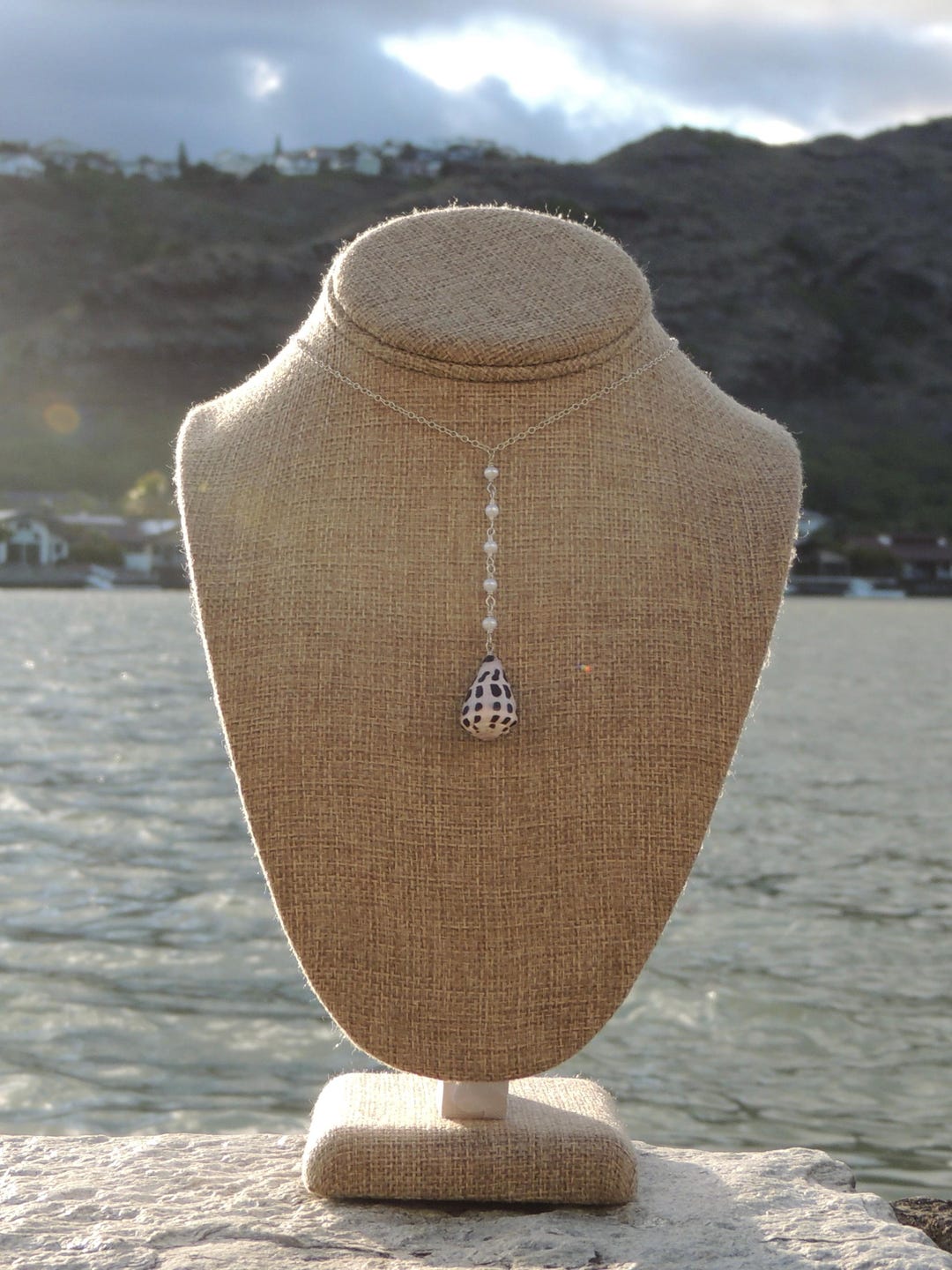 Hawaiian Hebrew Cone Shell Y Necklace, Sterling Silver, White Pearls, B ...