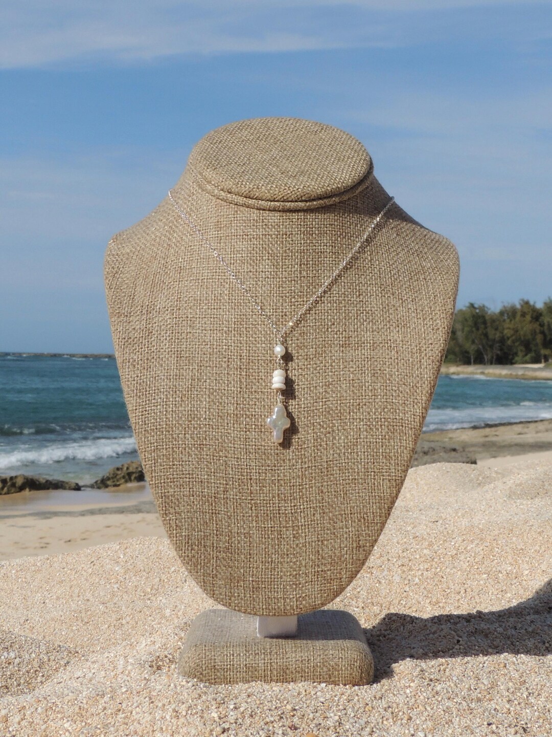 Hawaiian Puka Shell Necklace, Pearl Cross, Mini White Seashells, Gifts ...