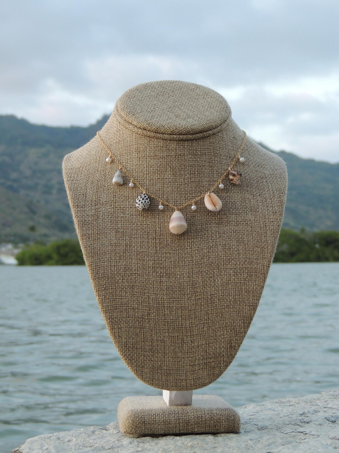Hawaiian Shell Charm Necklace, 14kt Gold Filled, Mini White Pearls ...