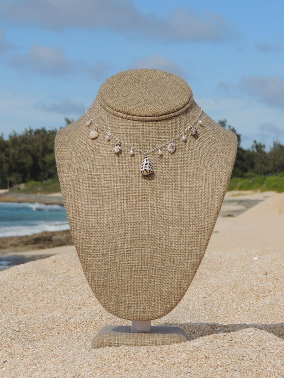 Hawaiian Shell Charm Necklace, Sterling Silver, White Pearls, B&W ...