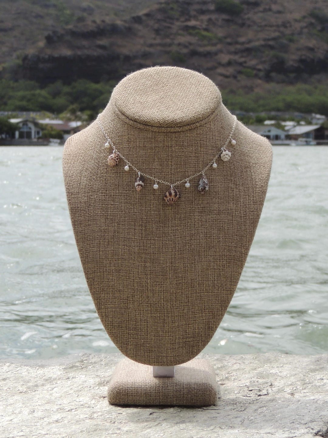 Hawaiian Shell Charm Necklace, Sterling Silver, White Pearls, Brown ...