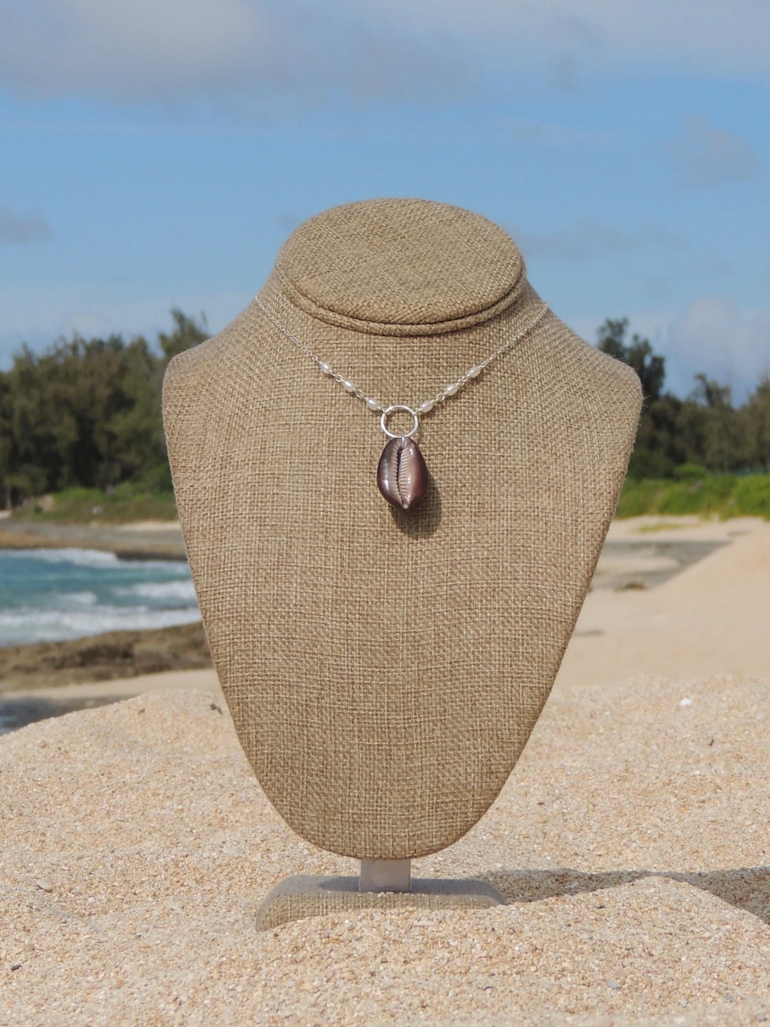 Hawaiian Cowrie Shell Necklace, Sterling Silver, White Pearls, Brown ...