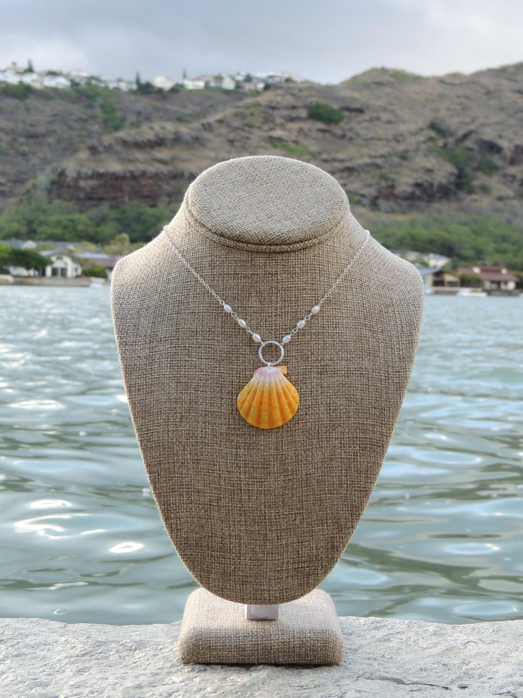 Hawaiian Sunrise Shell Necklace, Sterling Silver, White Pearls, Pink ...