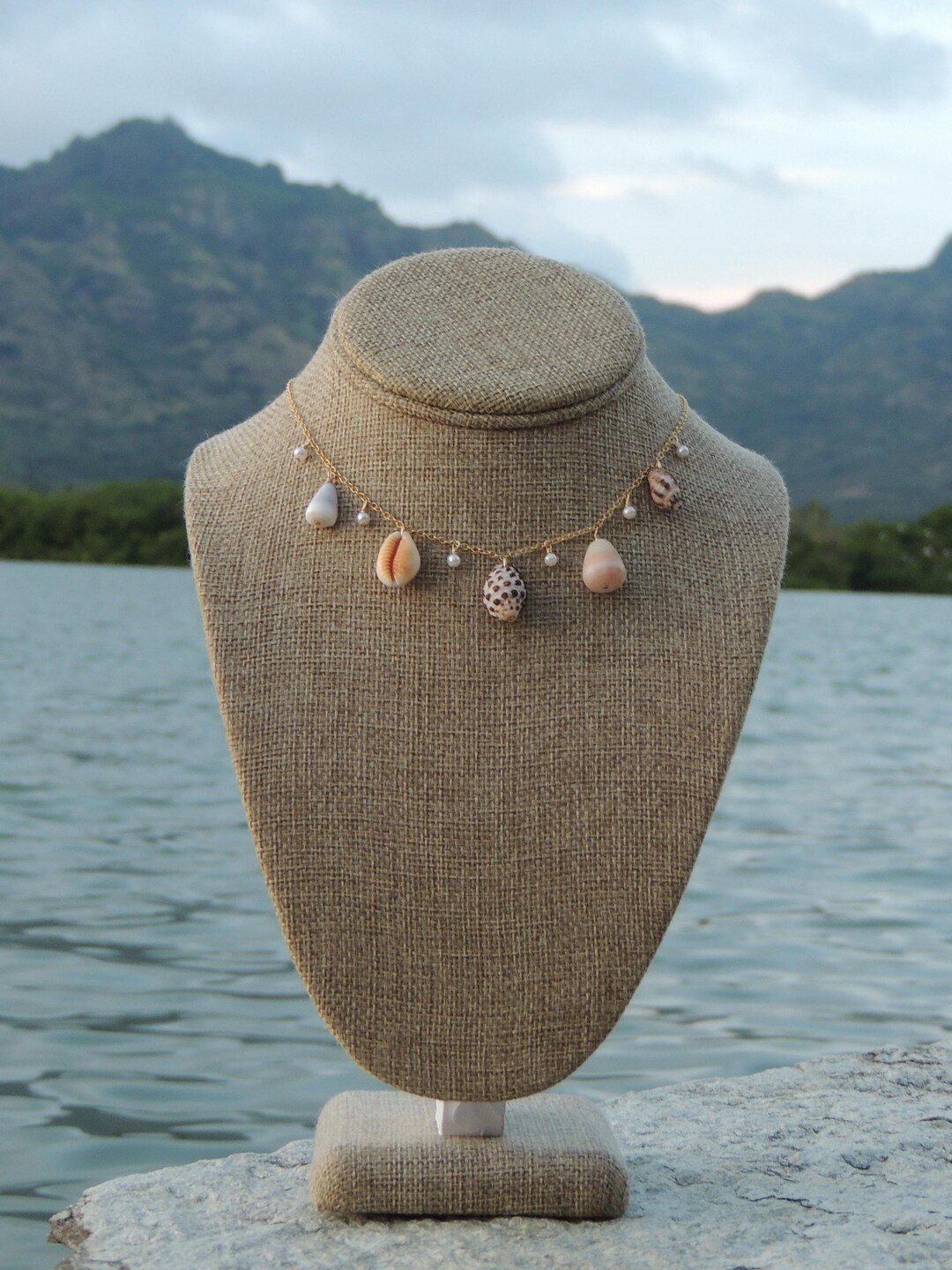 Hawaiian Shell Charm Necklace, 14kt Gold Filled, Mini White Pearls ...