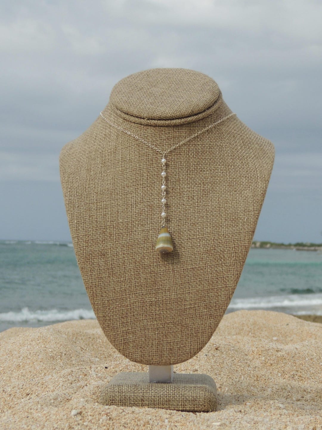 Hawaiian Cone Shell Y Necklace, White Pearls, Green Seashell, Gifts for ...